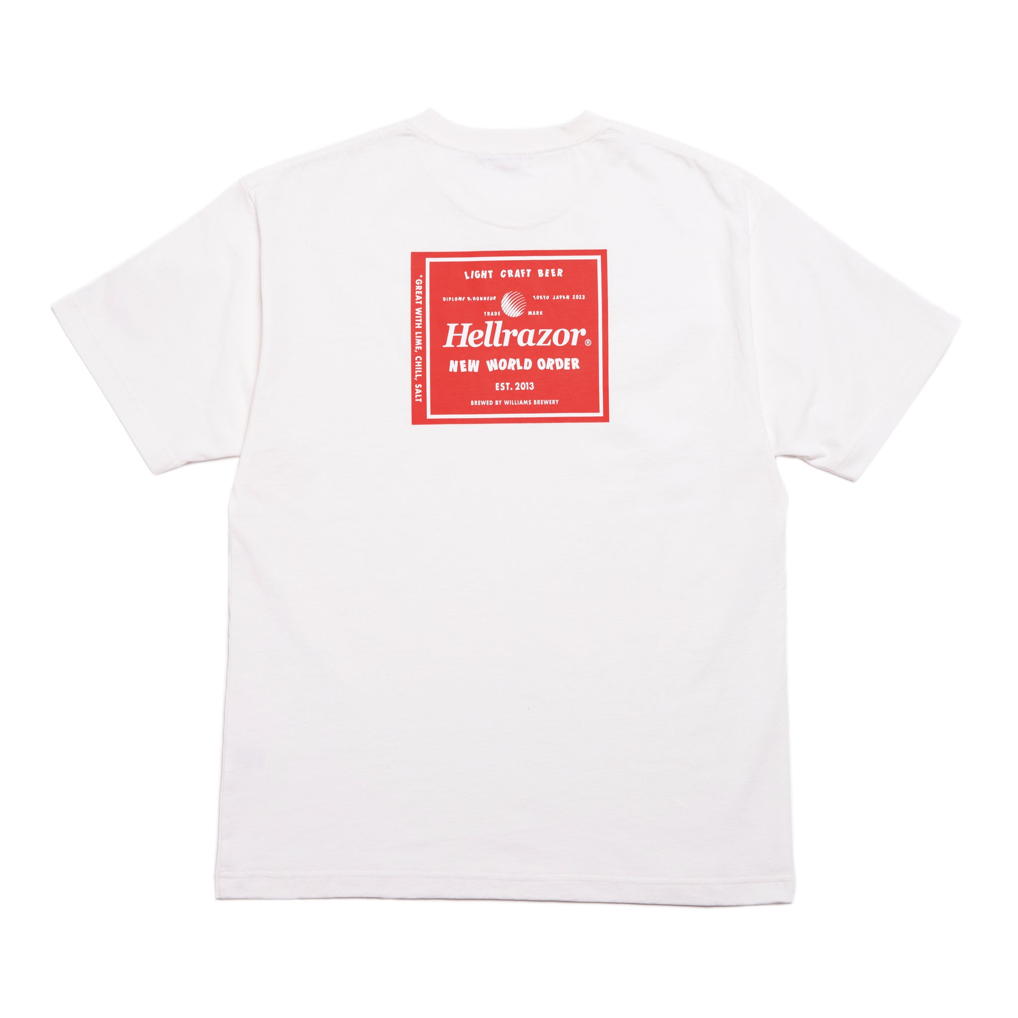 NWO BEER LABEL SHIRT design by TOYA HORIUCHI - WHITE – Hellrazor Online
