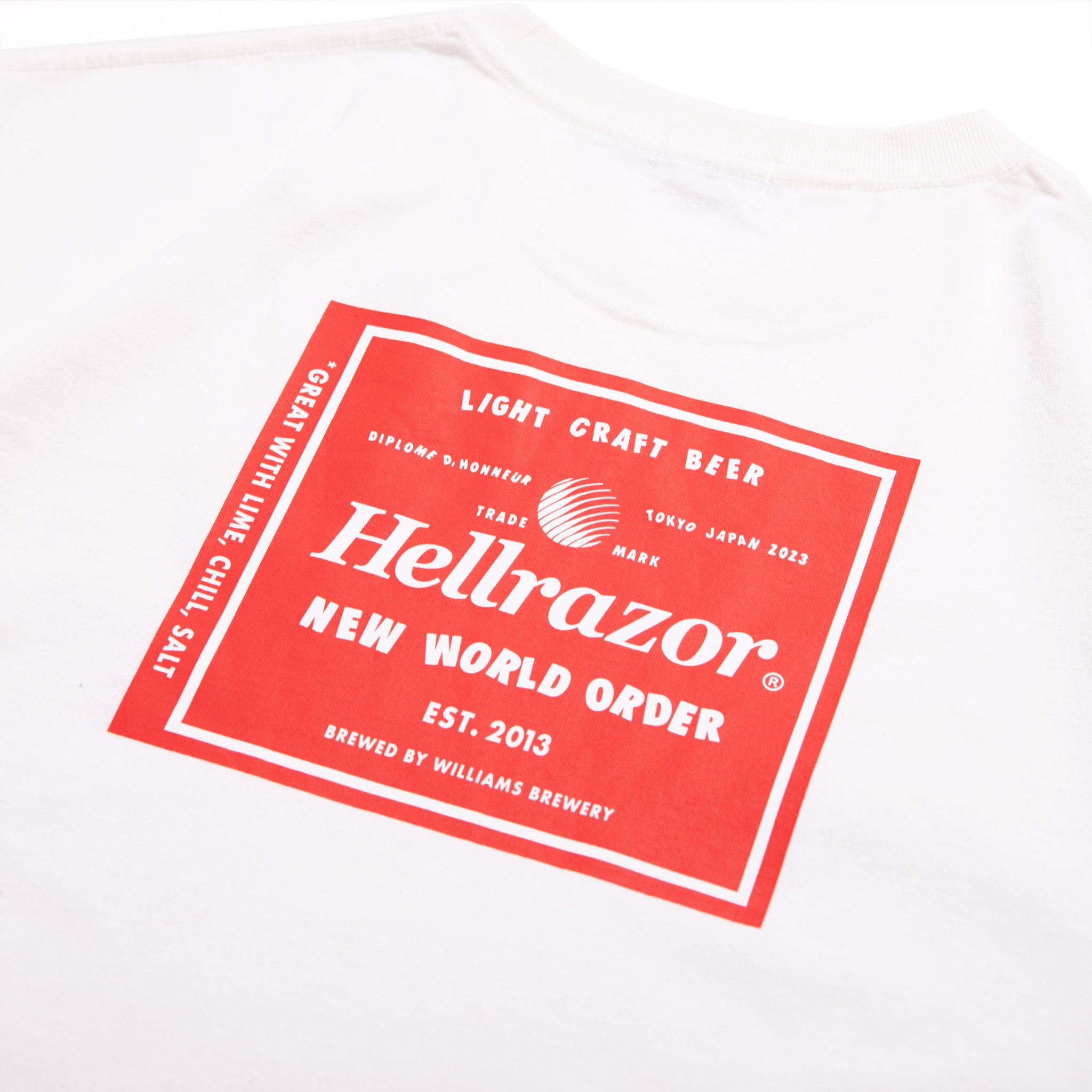 NWO BEER LABEL SHIRT design by TOYA HORIUCHI - WHITE – Hellrazor Online